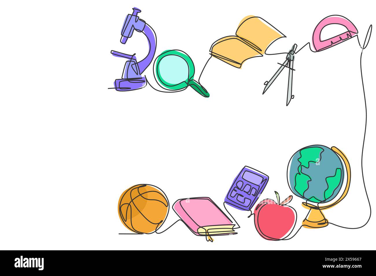 Single continuous line drawing of equipment school set such as book ...