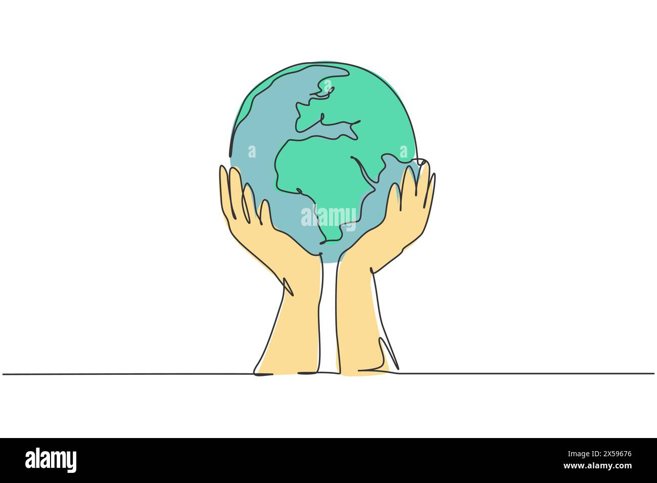 Hands hold earth. Single continuous line world global map graphic icon ...