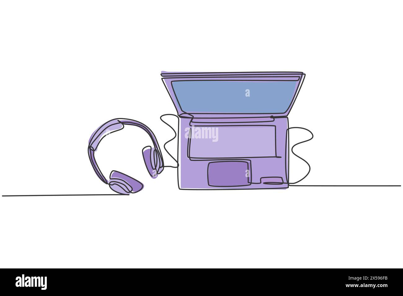 One continuous line drawing of laptop with headphone beside for ...