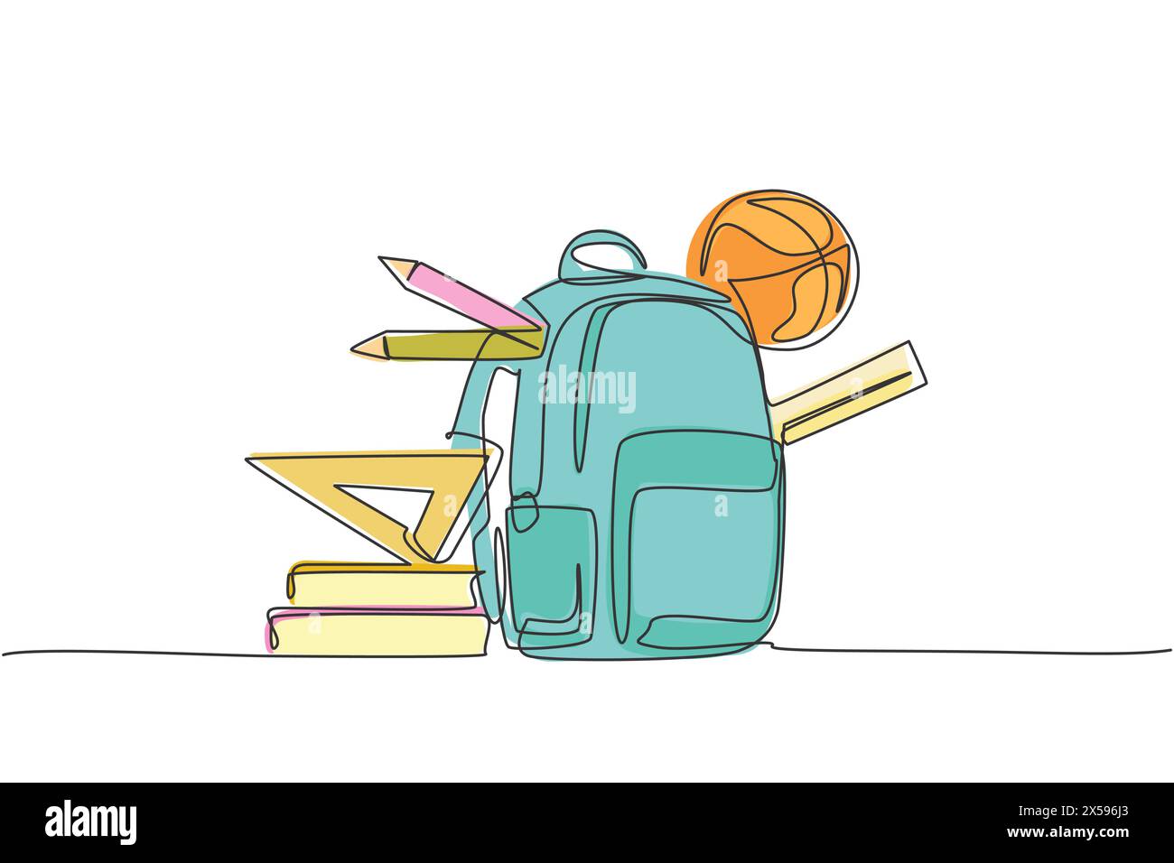 Single one line drawing of school bag, basket ball, ruler, pencil and ...