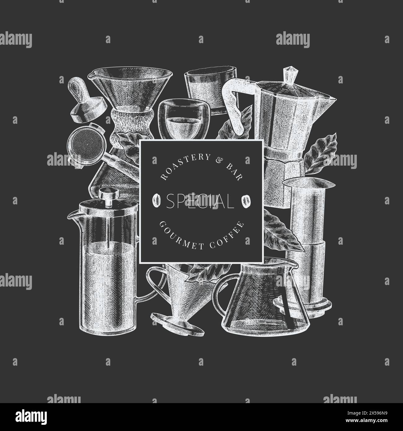 Alternative Coffee Makers Chalk Board Illustration. Vector Hand Drawn ...