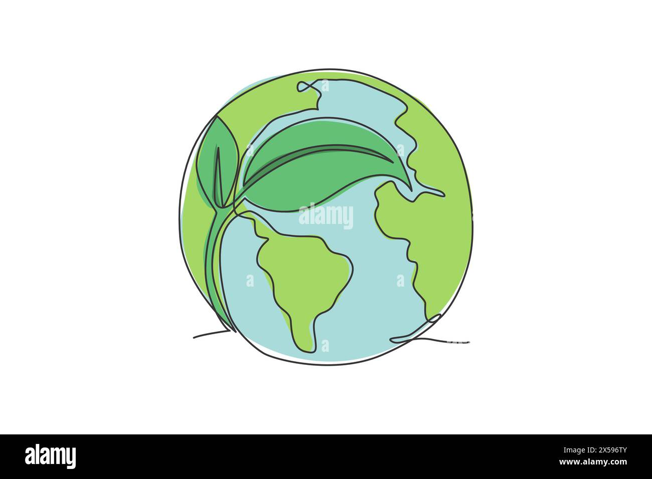 Green leaf on globe. Single continuous line world natural global map ...