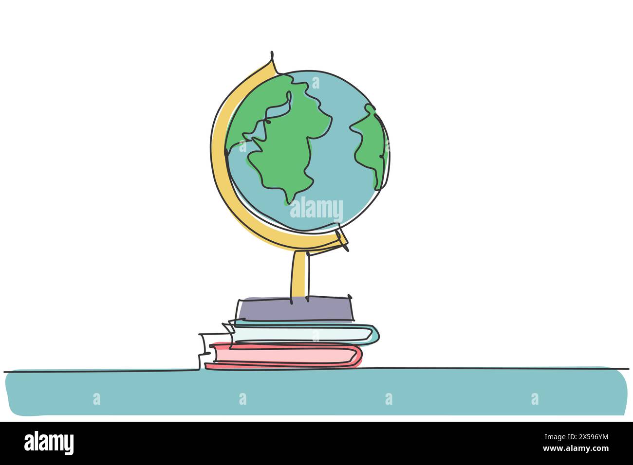 Single one line drawing of world globe. Round map above books pile icon ...