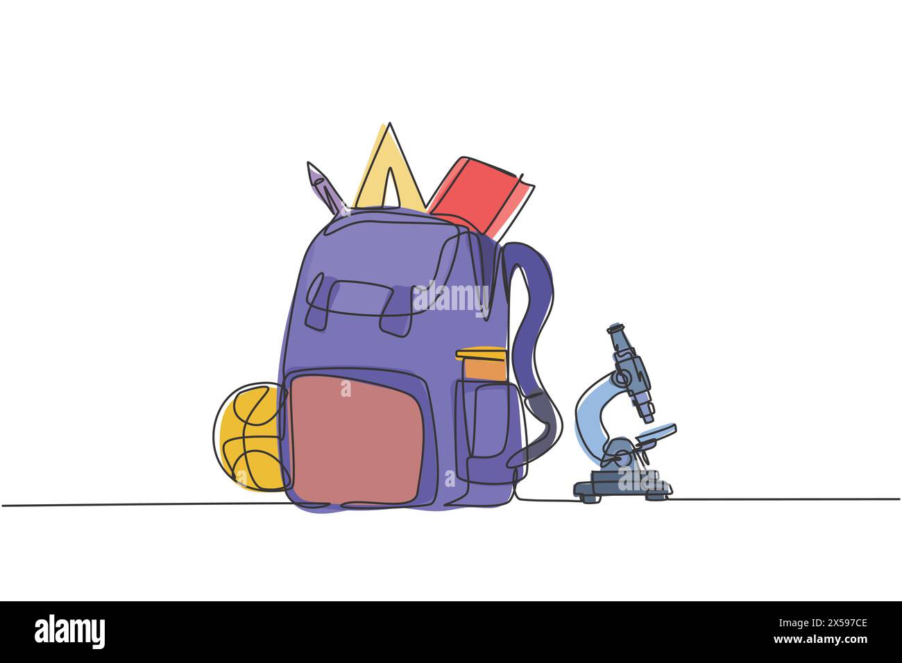 Continuous one line drawing school bag set, microscope, book, basket ball, crayon, pen. Back to ...