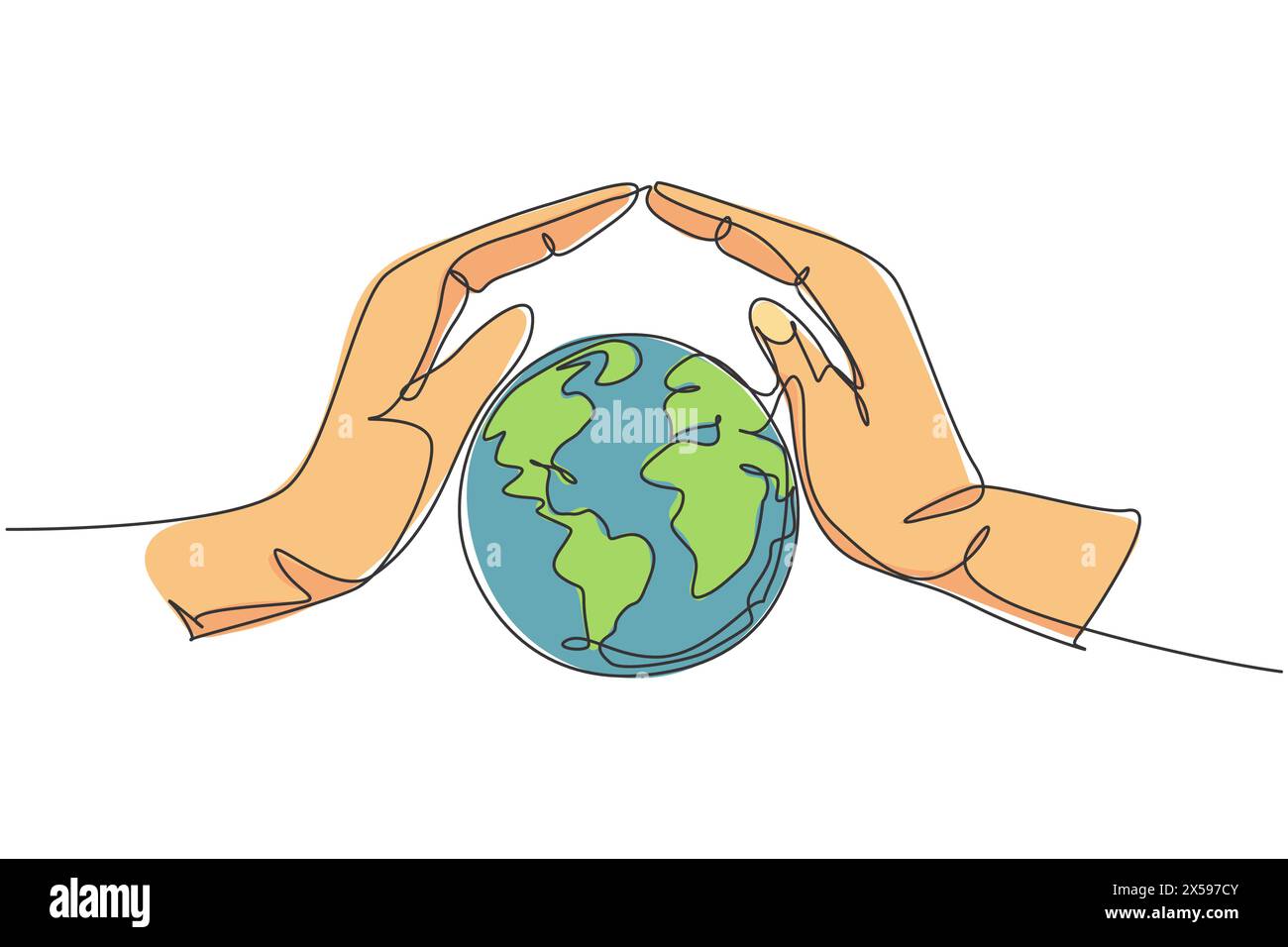 Single one line drawing of hand protect earth. Nature icon silhouette ...