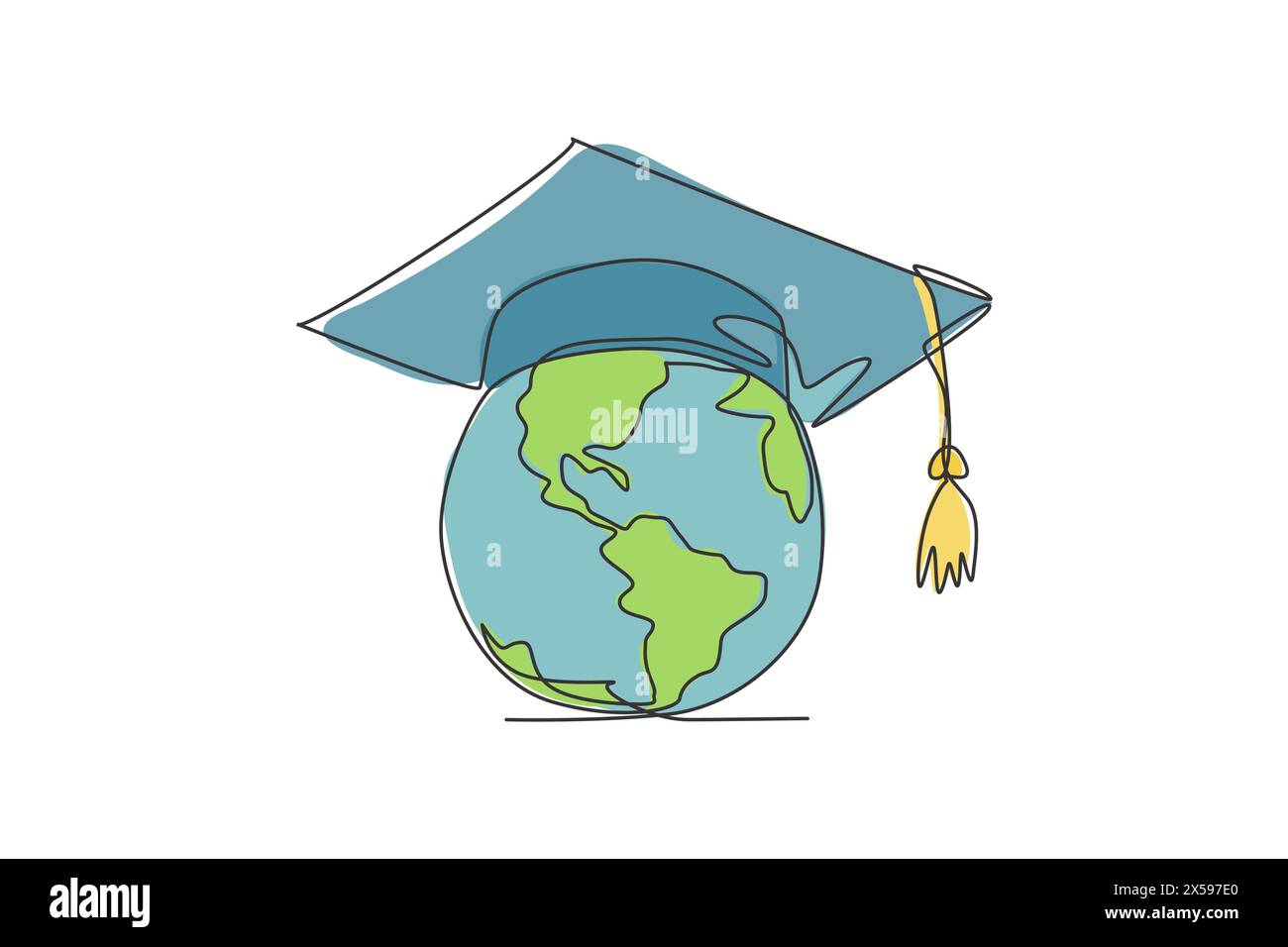 Earth globe with graduation hat. One line drawing of minimalist vector ...