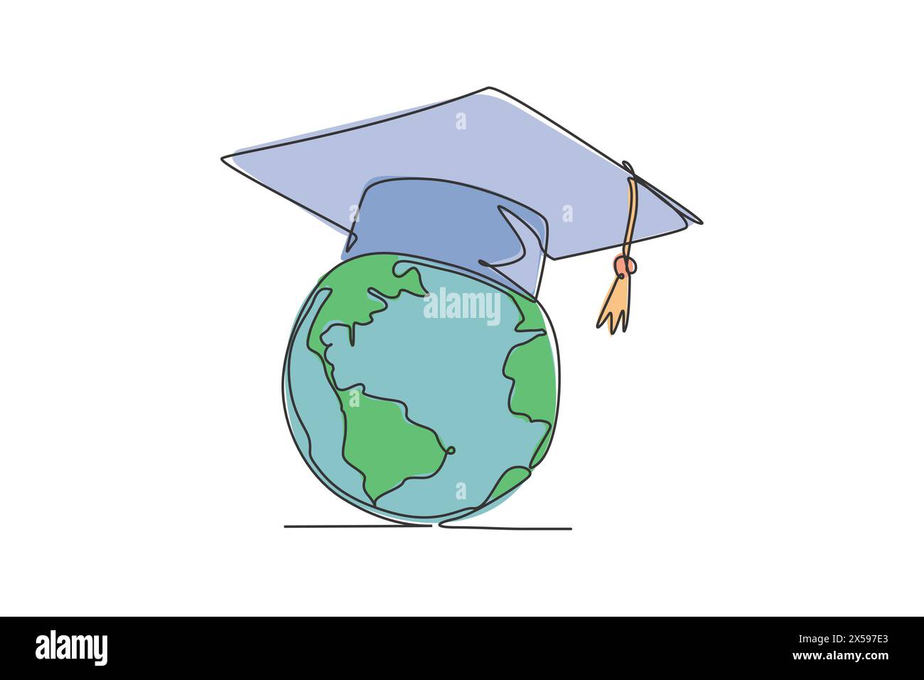 Graduation hat on earth globe. Single continuous line world global ...