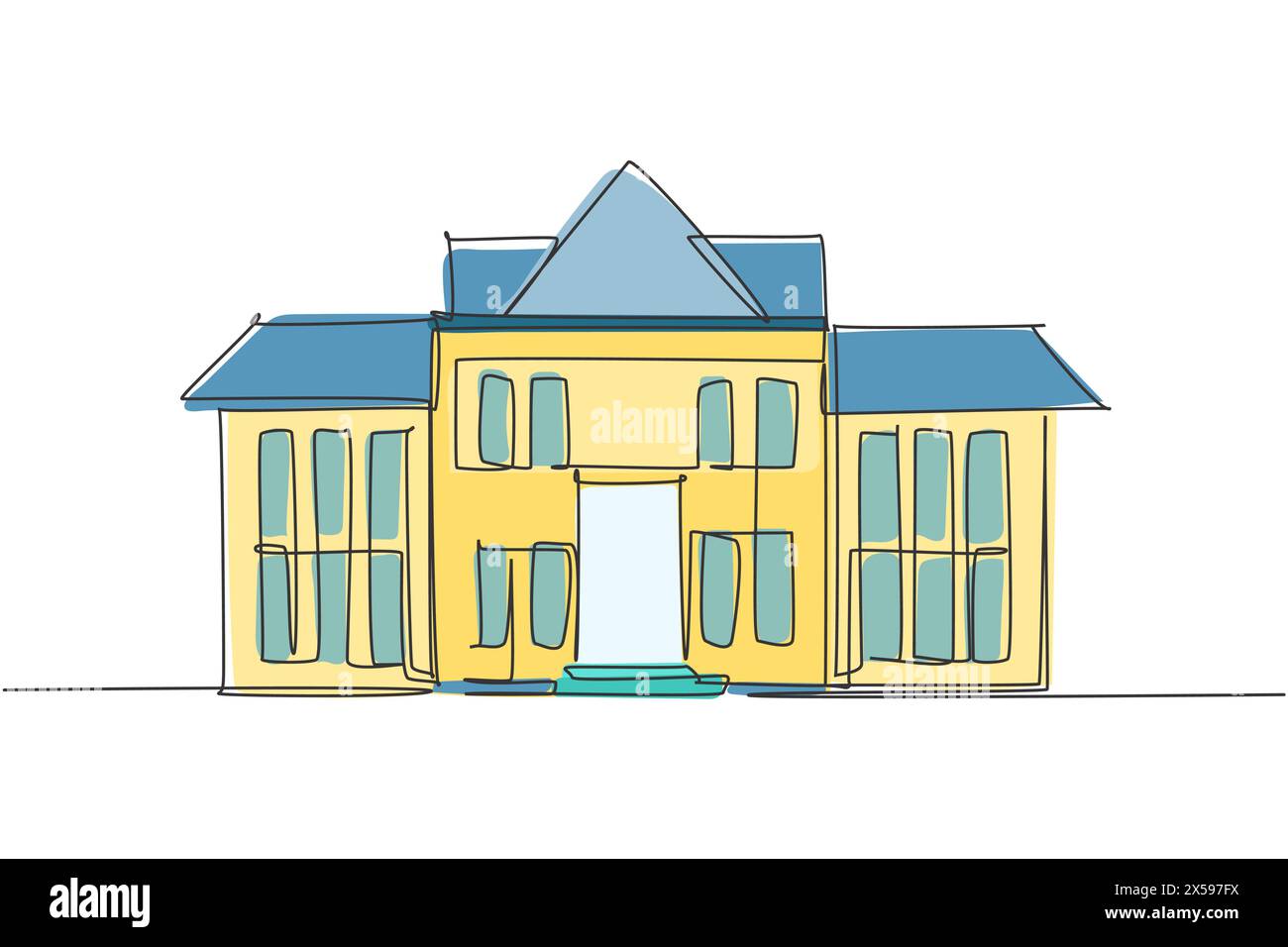 Single one line drawing of luxury elementary school building exterior ...