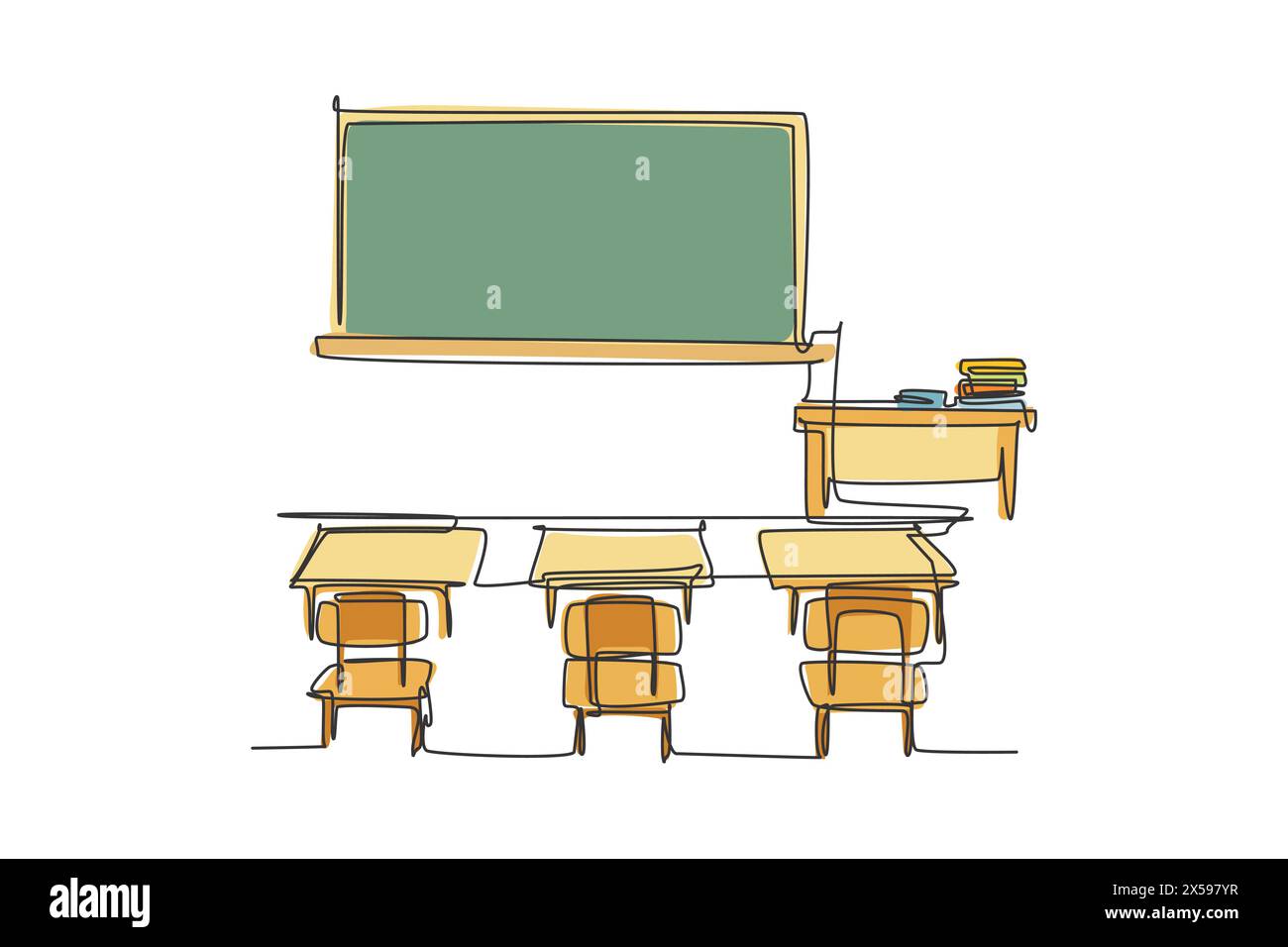 Continuous one line drawing interior design at school classroom with ...