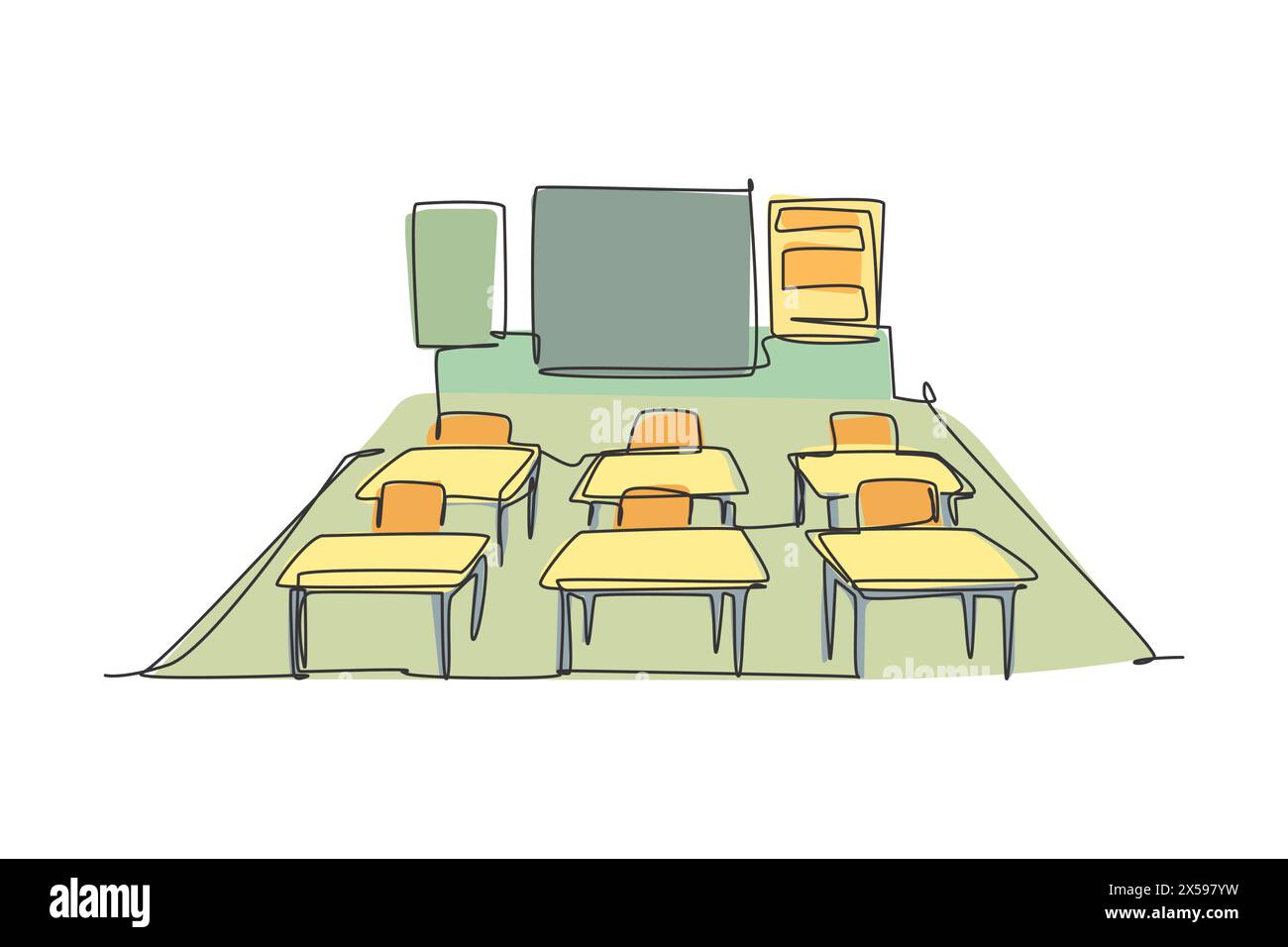 Continuous one line drawing of kindergarten school classroom interior ...