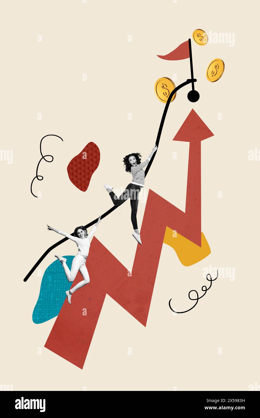 Vertical picture collage young girls achieve goal progress chart ...
