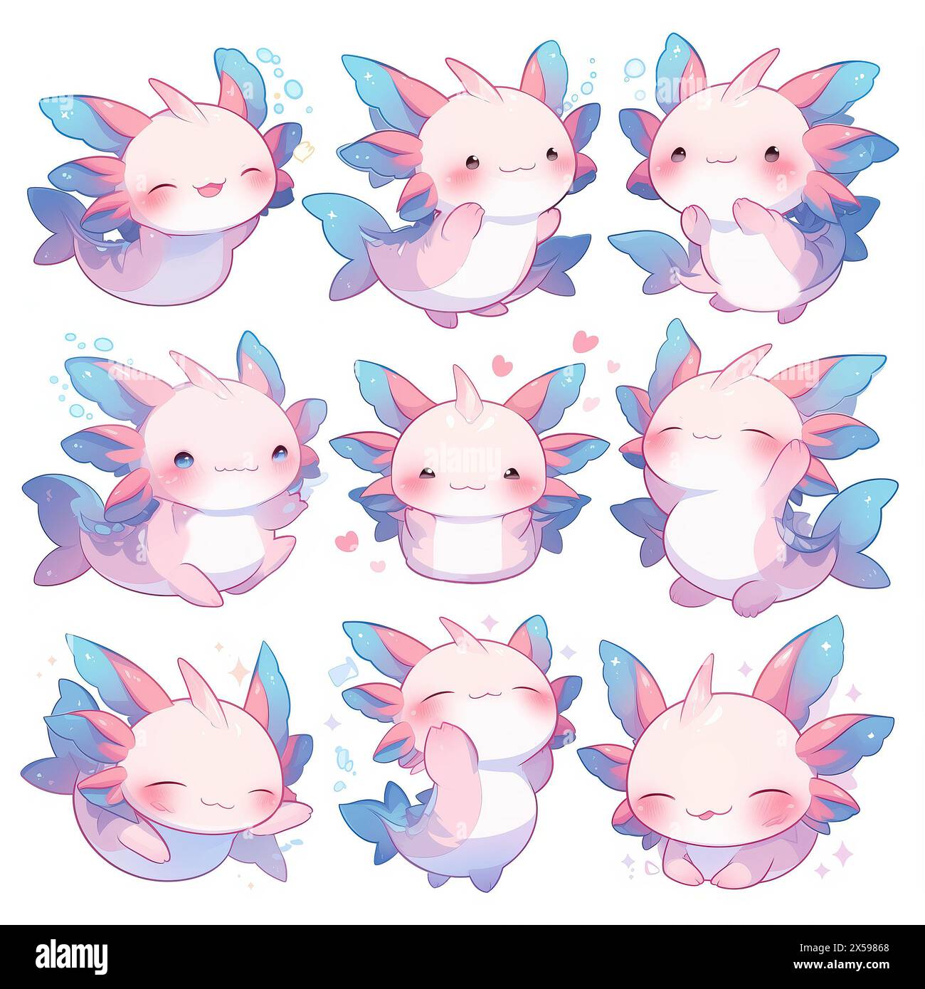 axolotl illustration set of 9 emotes stickers cute kawaii adorable kids ...