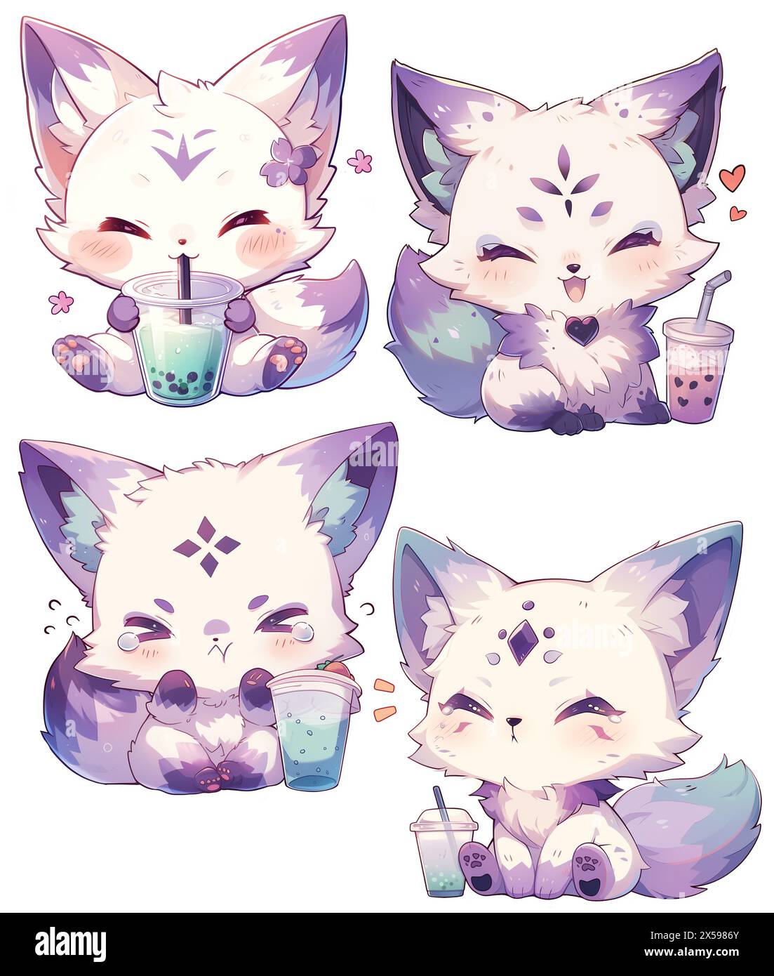 white fox fantasy boba drink set emotes stickers cute kawaii adorable ...
