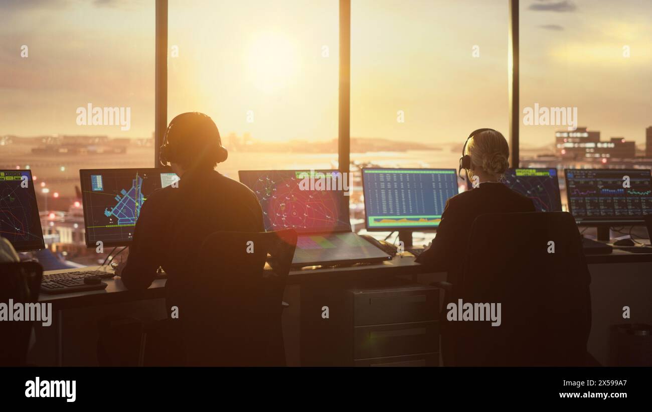 Diverse Air Traffic Control Team Working in Modern Airport Tower at ...