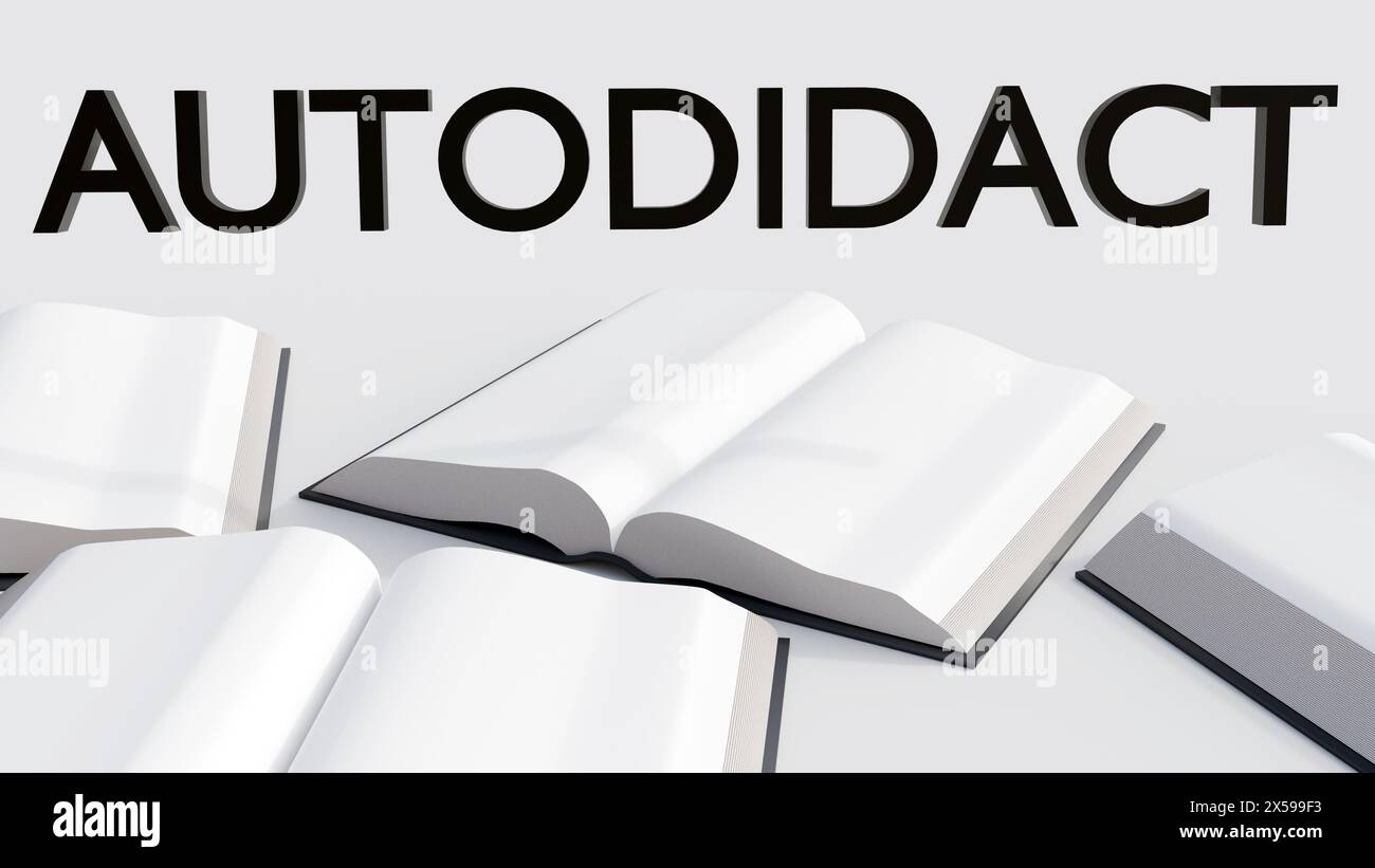 3D rendering of word AUTODIDACT and open books on the white background ...