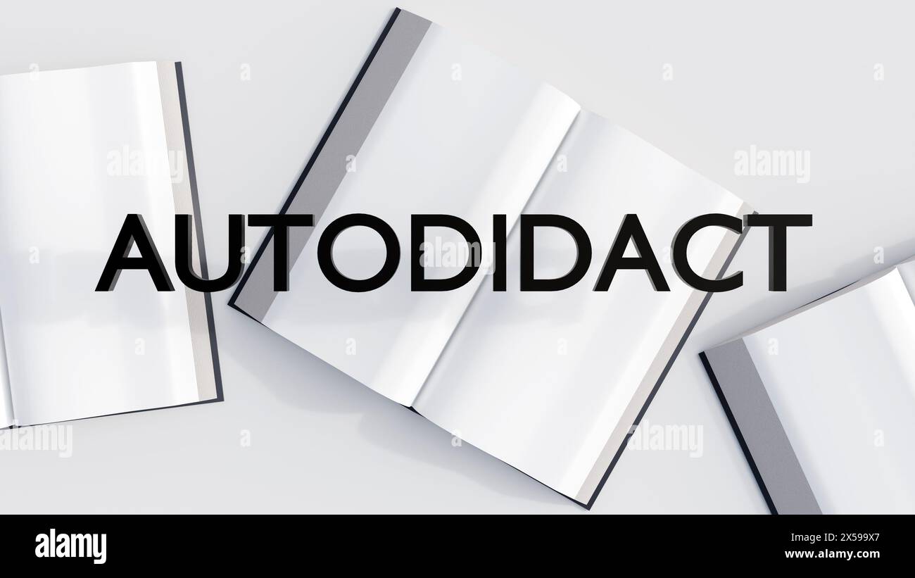 3D rendering of word AUTODIDACT and open books on the white background ...