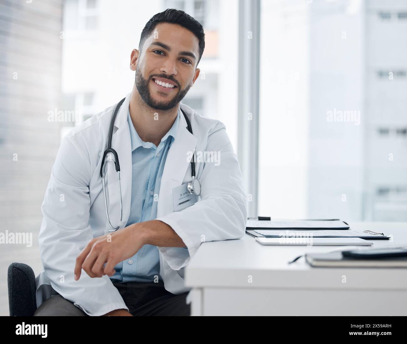 Portrait, doctor and happy man in hospital for healthcare service, job ...