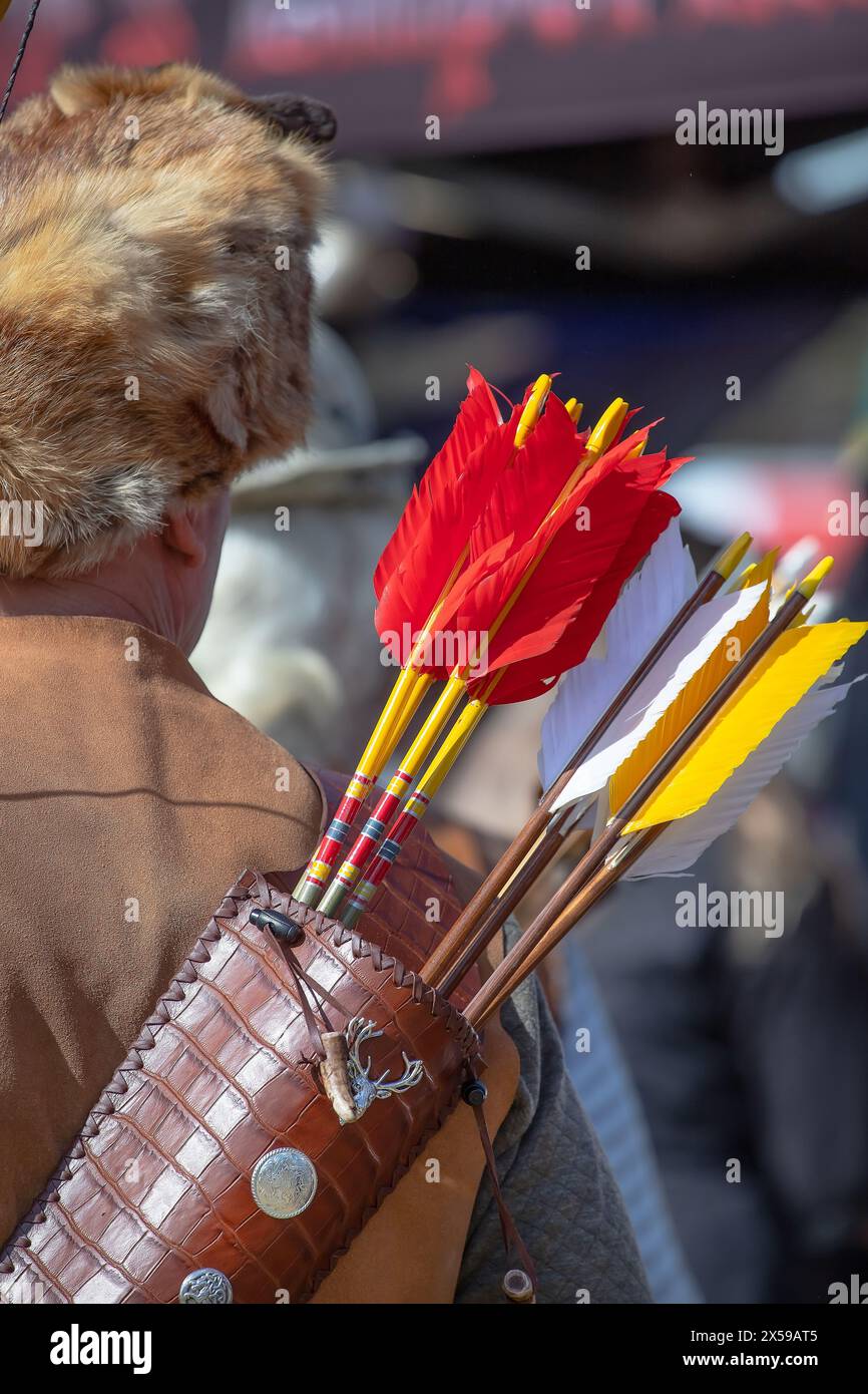 Medieval archery equipment, bow and arrow. Medieval fair. High quality ...