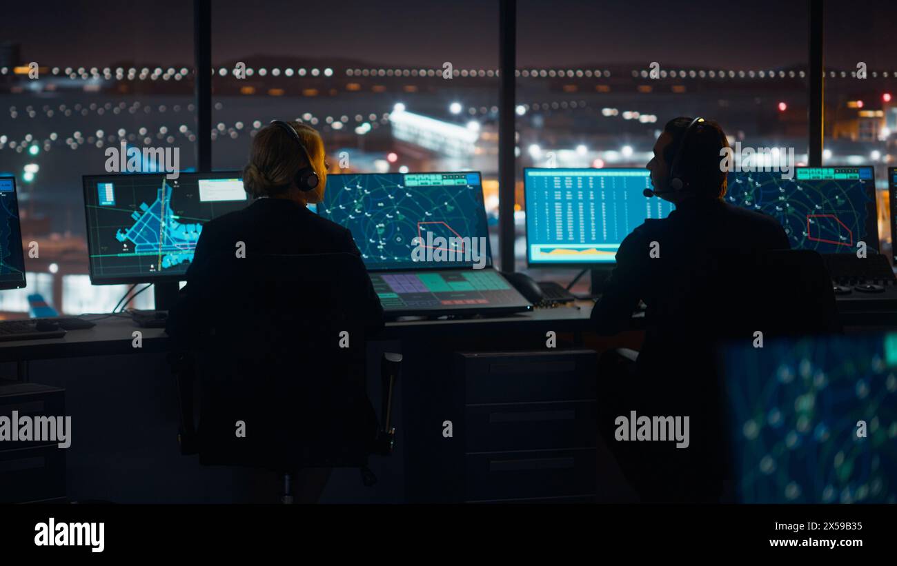 Diverse Air Traffic Control Team Working in a Modern Airport Tower at ...