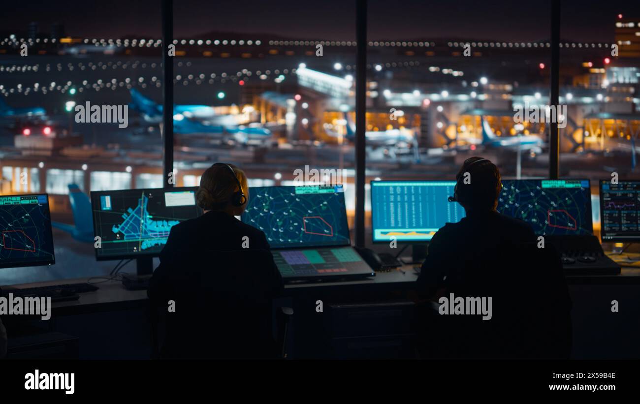 Diverse Air Traffic Control Team Working in a Modern Airport Tower at ...