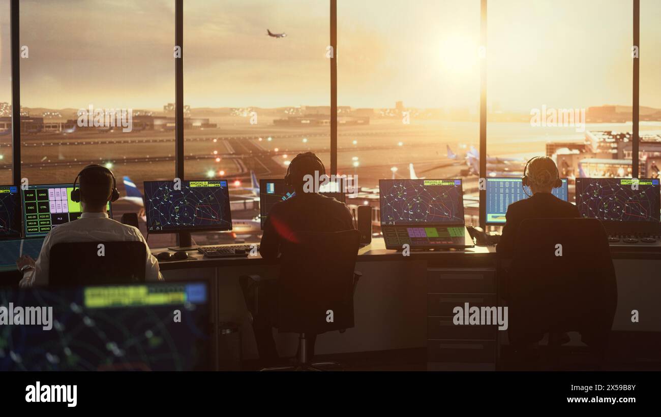Diverse Air Traffic Control Team Working in a Modern Airport Tower at ...