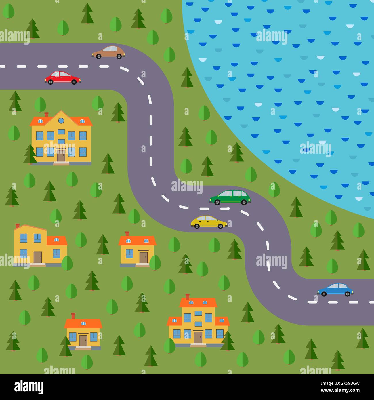Plan of village. Landscape with the road, forest, lake, cars and houses ...