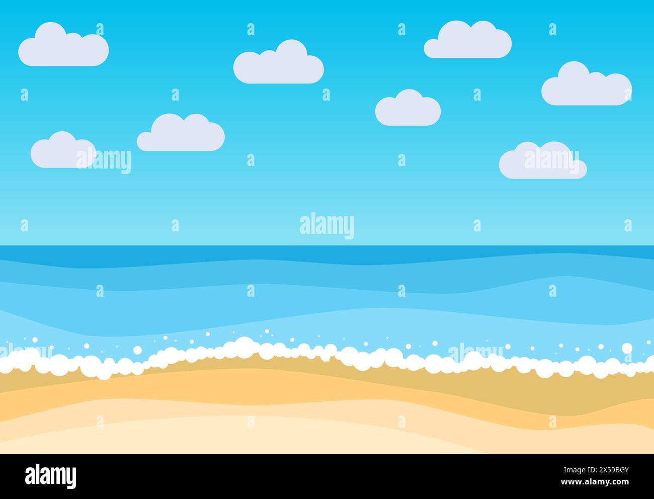 Vector landscape with summer beach. Waves of the sandy beach, blue sky ...