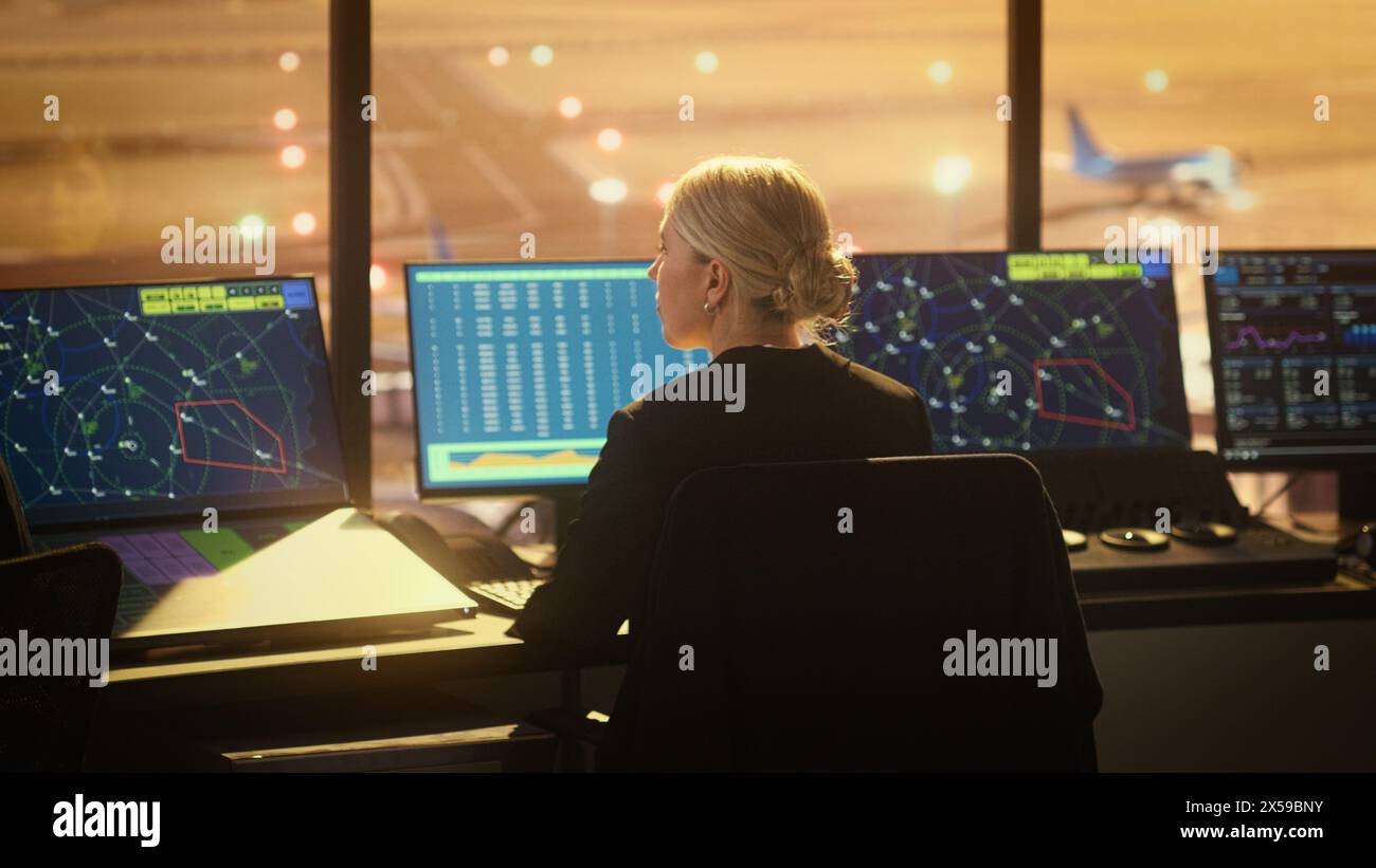 Portrait of Female Air Traffic Controller Working in Airport Tower ...