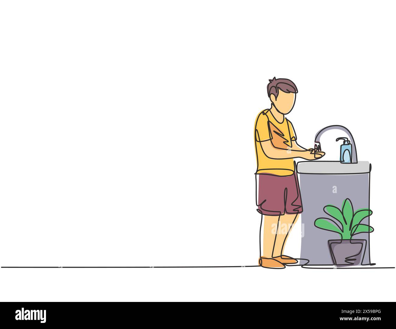 Continuous one line drawing a boy washes his hands in the sink, there ...