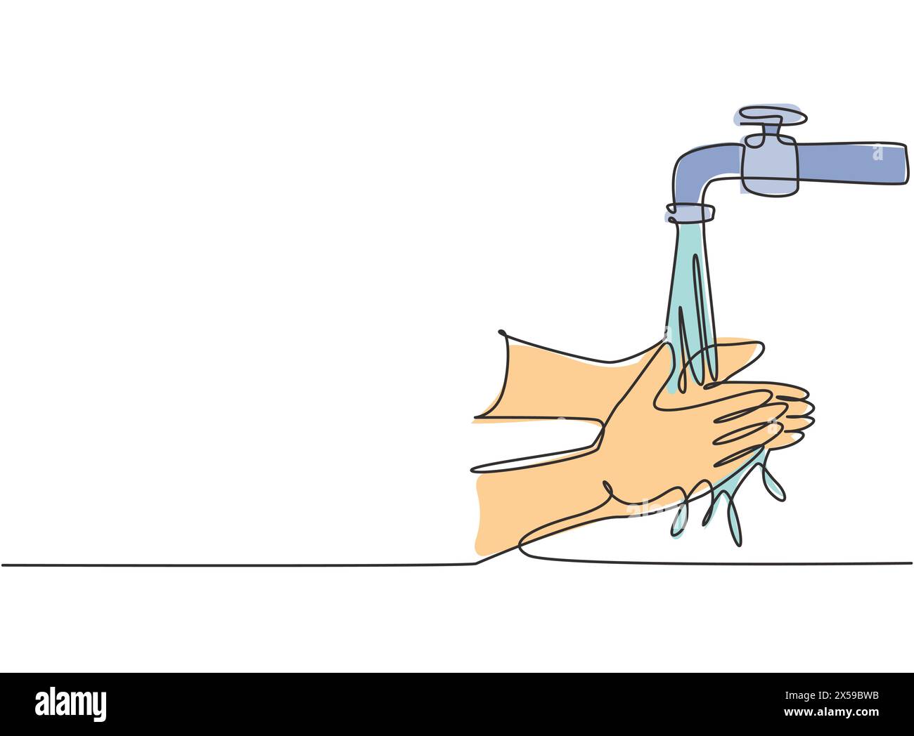 Continuous one line drawing of washing hands with clean water spilled ...
