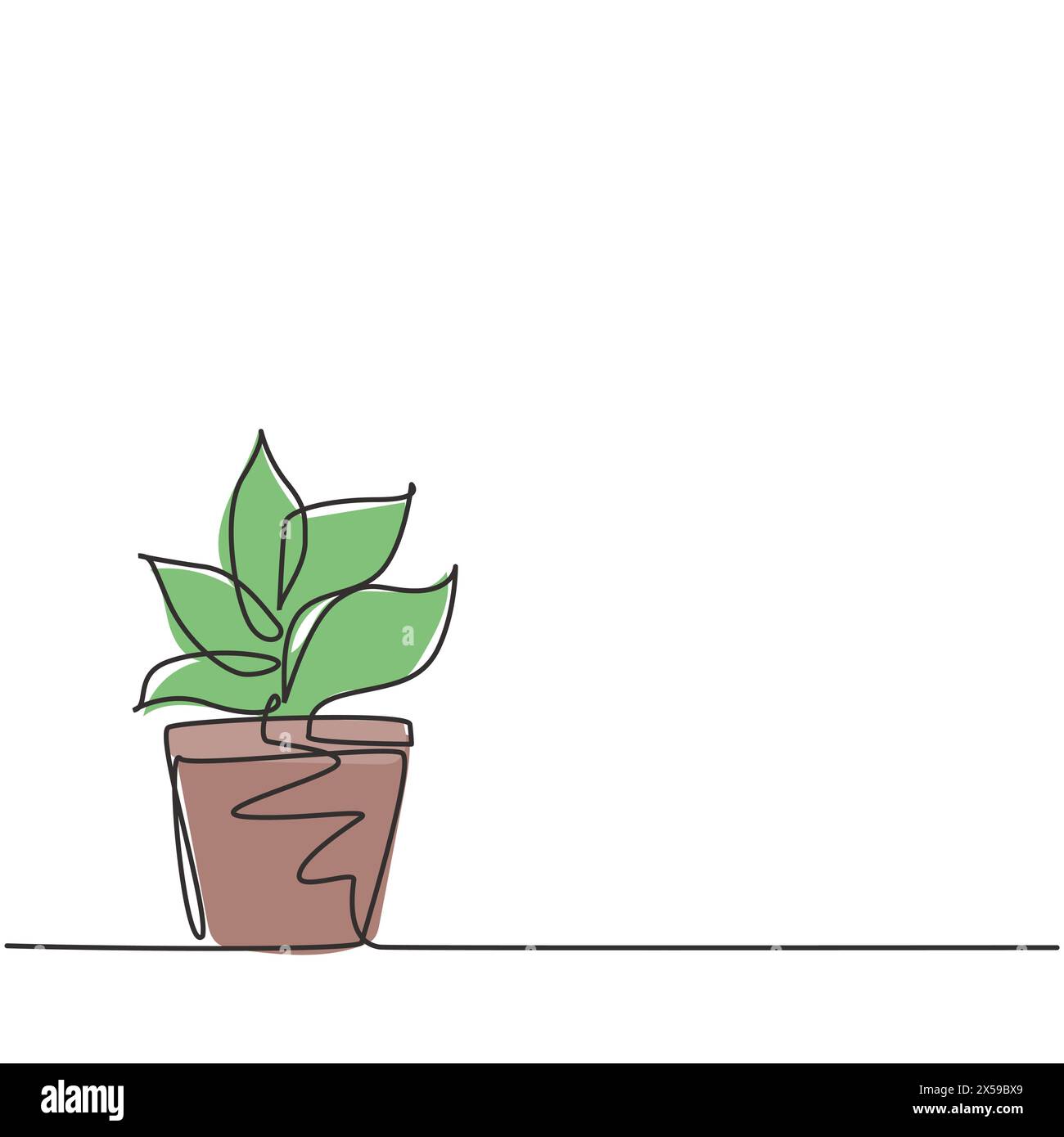 Single continuous line drawing potted plants with five growing leaves ...