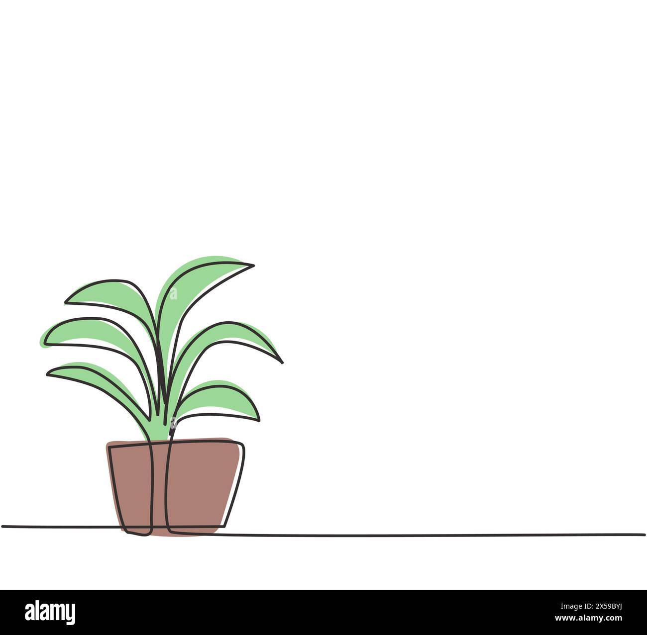 Single continuous line drawing potted plants with six growing leaves ...