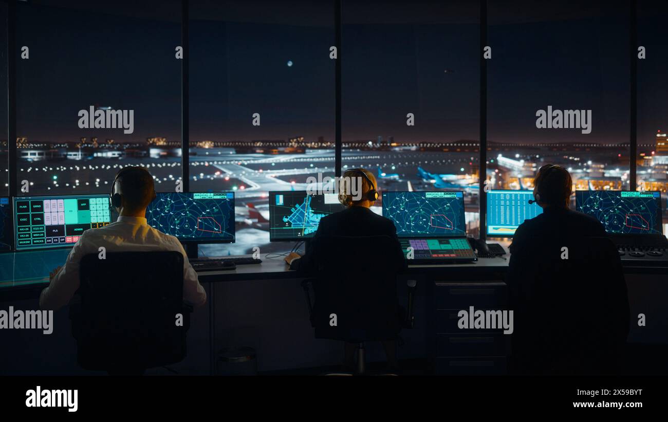 Diverse Air Traffic Control Team Working in Modern Airport Tower at ...