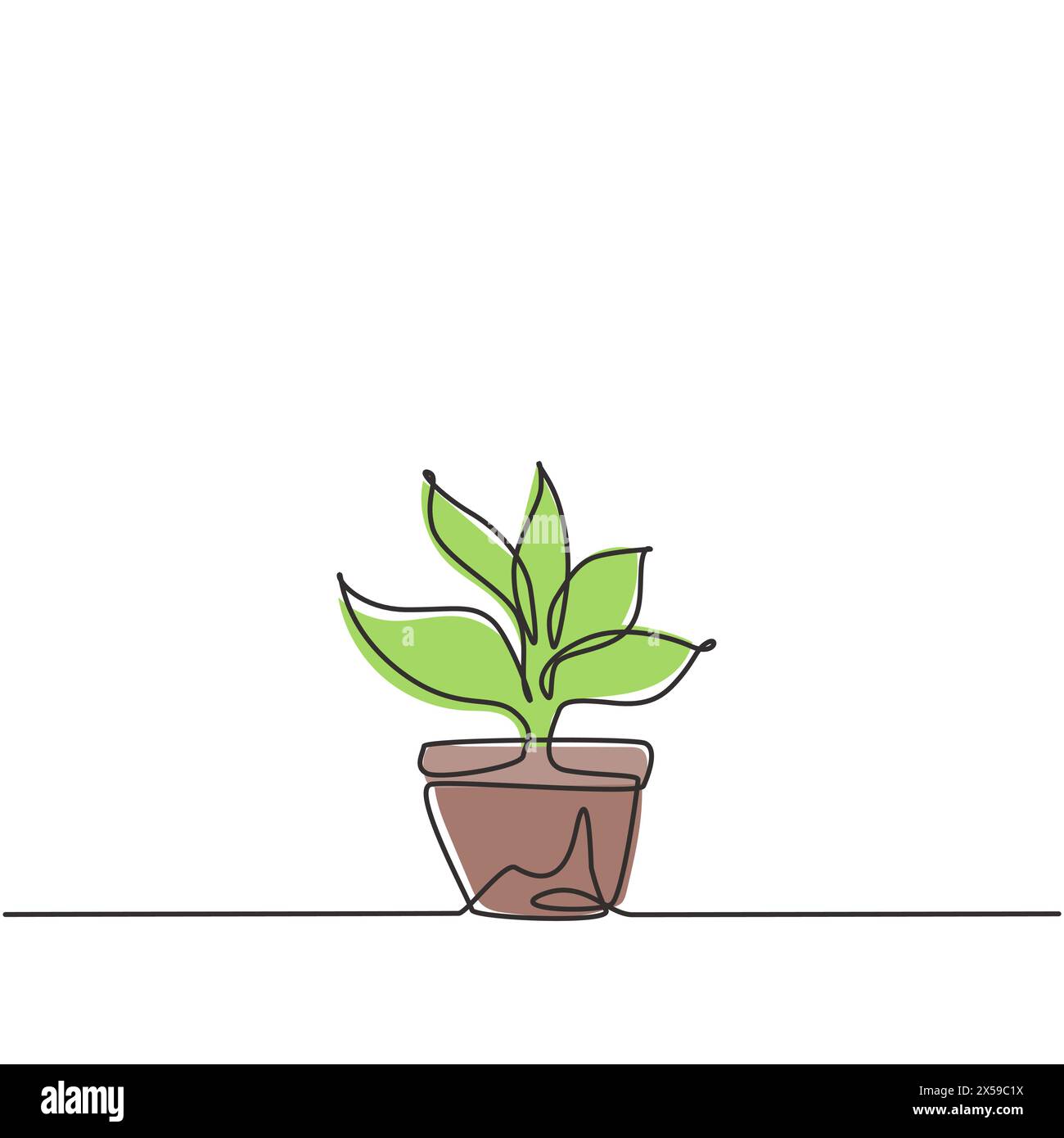 Continuous One Line Drawing Potted Plants With Five Growing Leaves Are