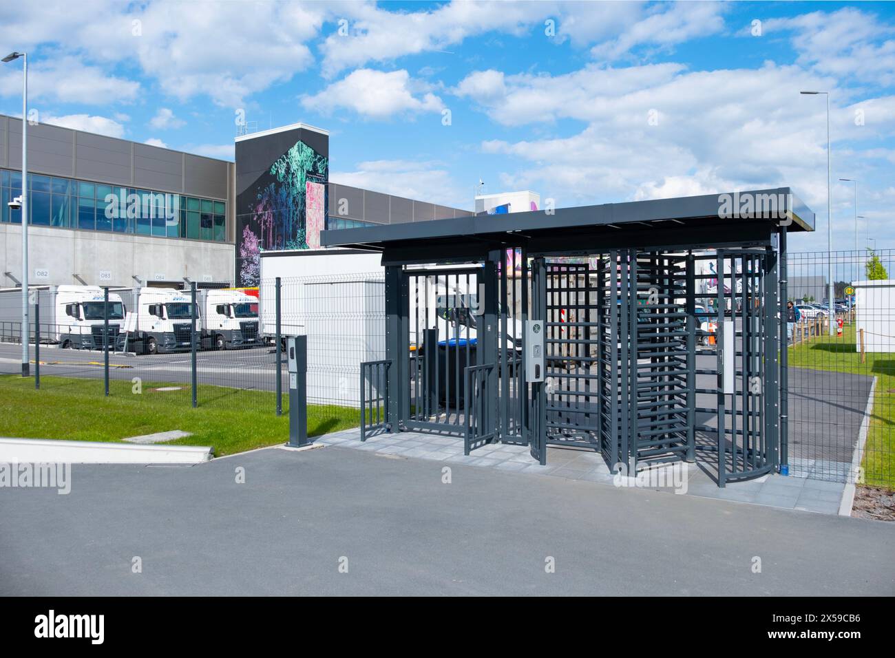 Metal revolving gates to closed area, checkpoint Tesla Gigafactory ...