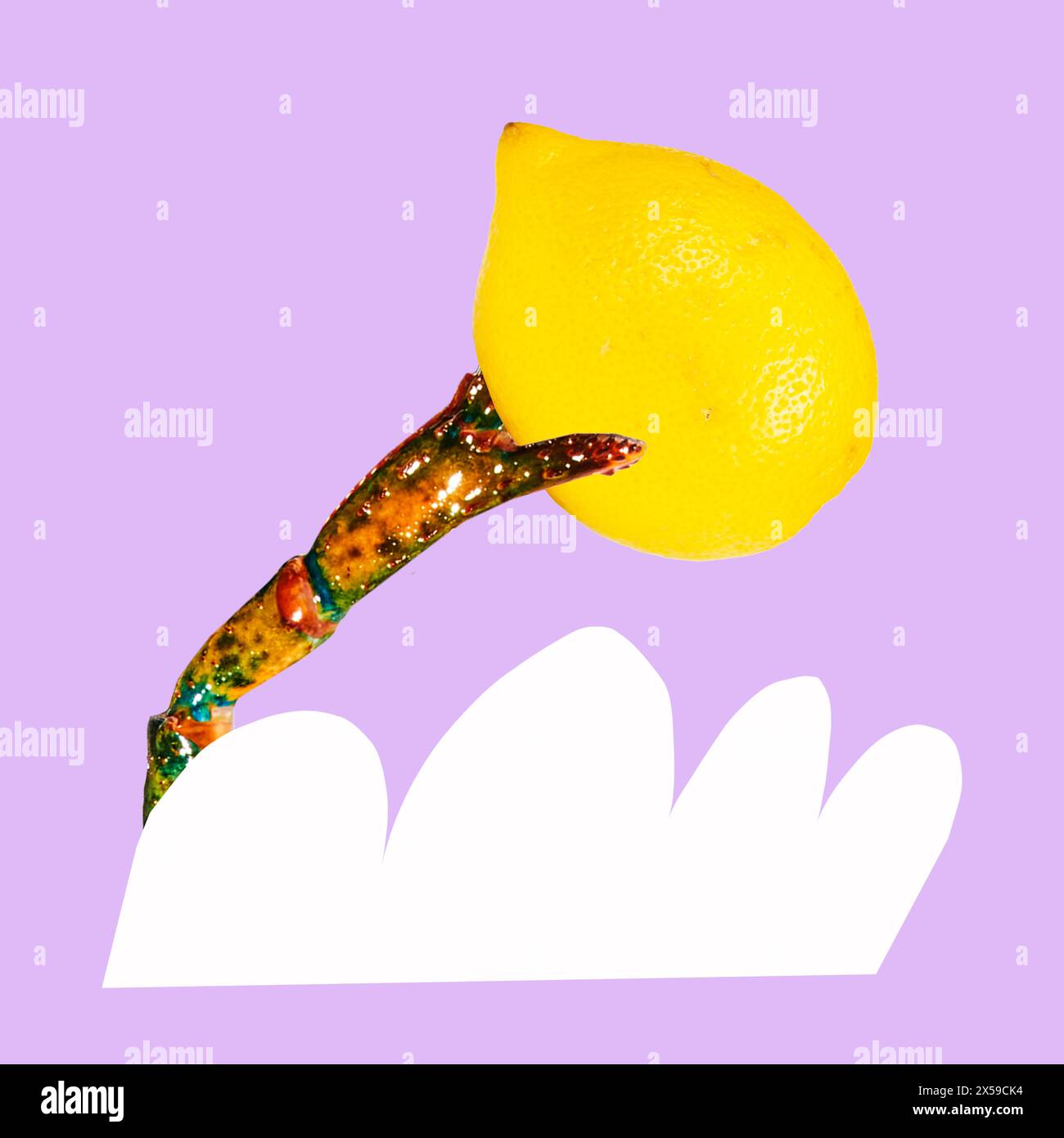 Poster. Contemporary art collage. Bright yellow lemon in large crab's ...
