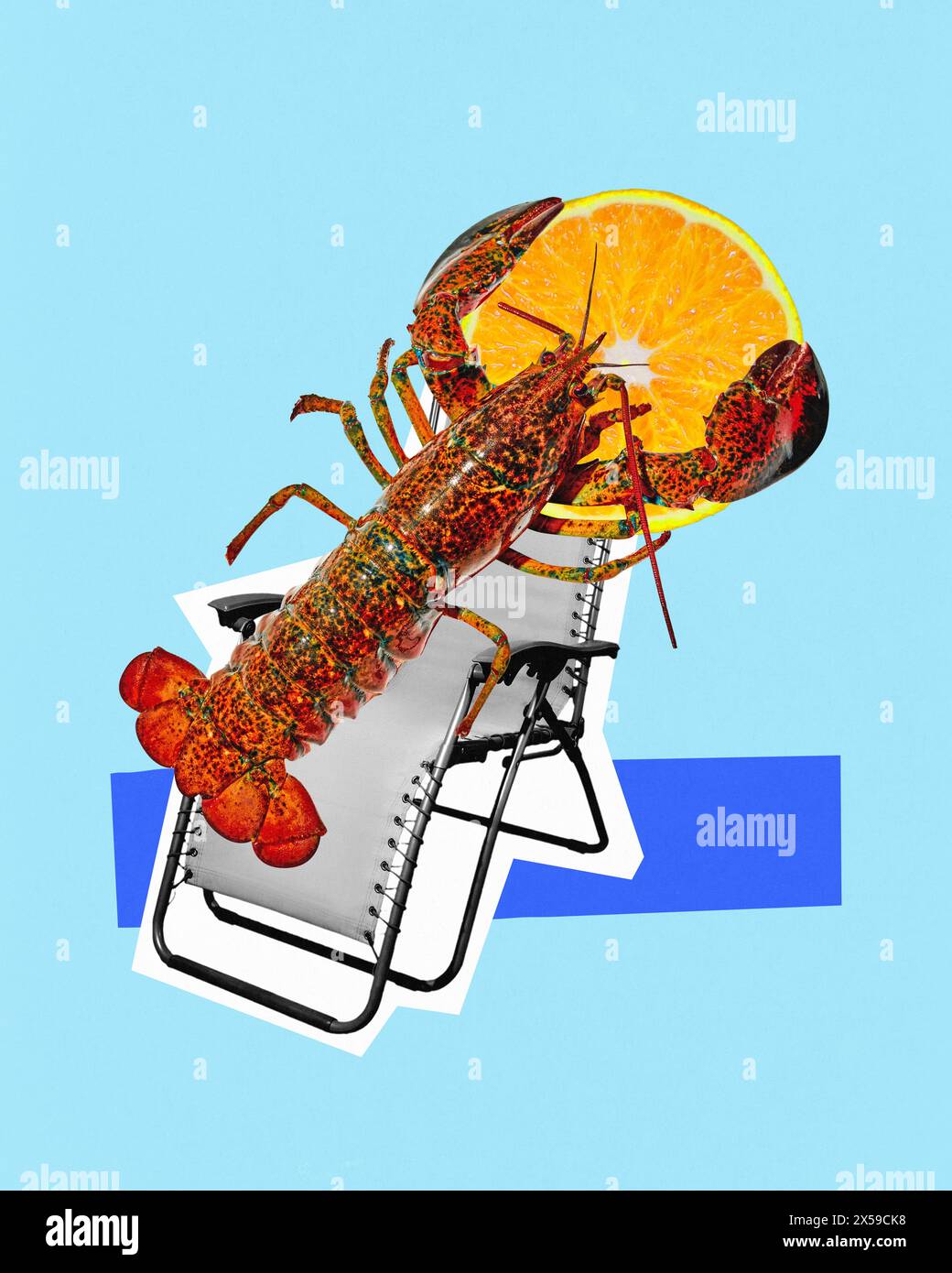 Poster. Contemporary art collage. Lobster relaxing on lawn chair ...
