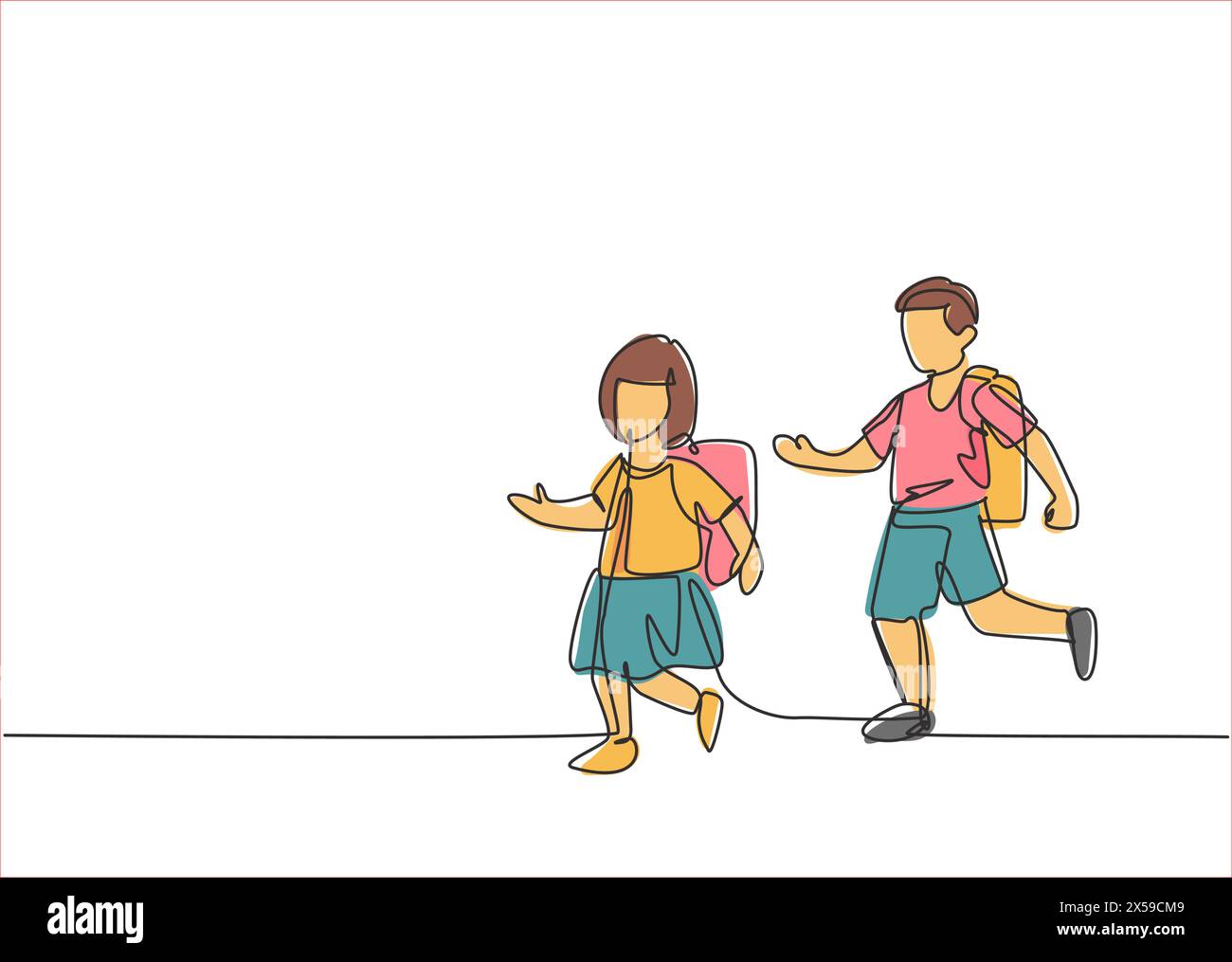 Single continuous line drawing elementary school students both boys and ...