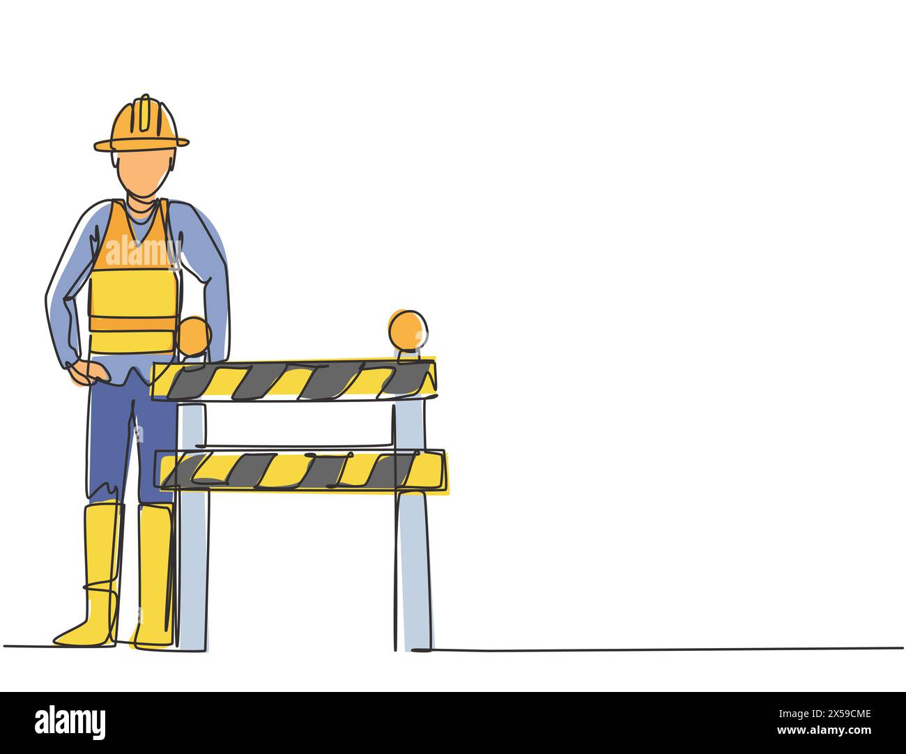 Continuous one line drawing a construction worker is standing next to ...