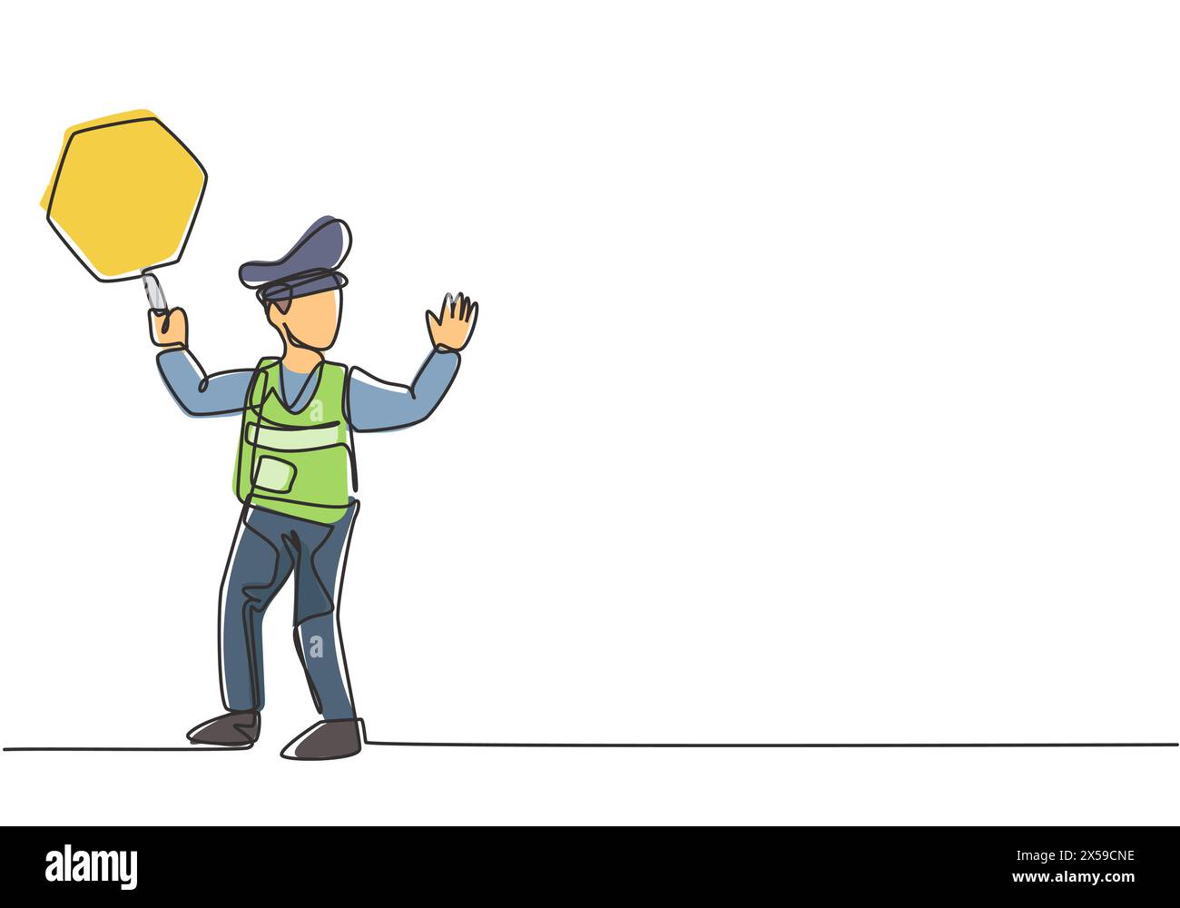 Continuous one line drawing policeman in full uniform and lifting ...