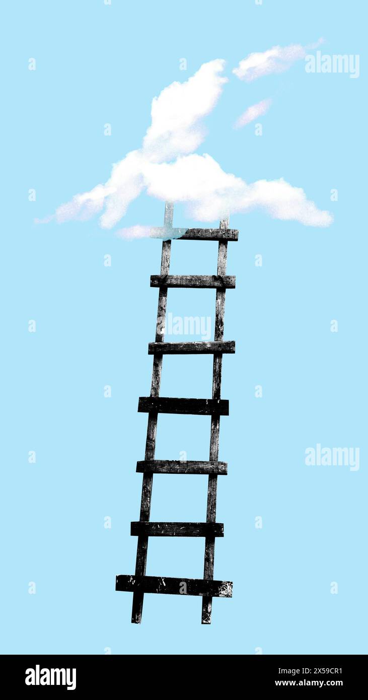 Poster. Contemporary art collage. Large ladder extends far up into blue ...