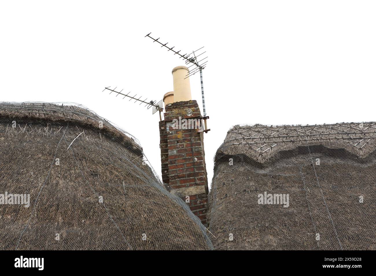 Two thatched houses side by side with chimney between them - concept ...