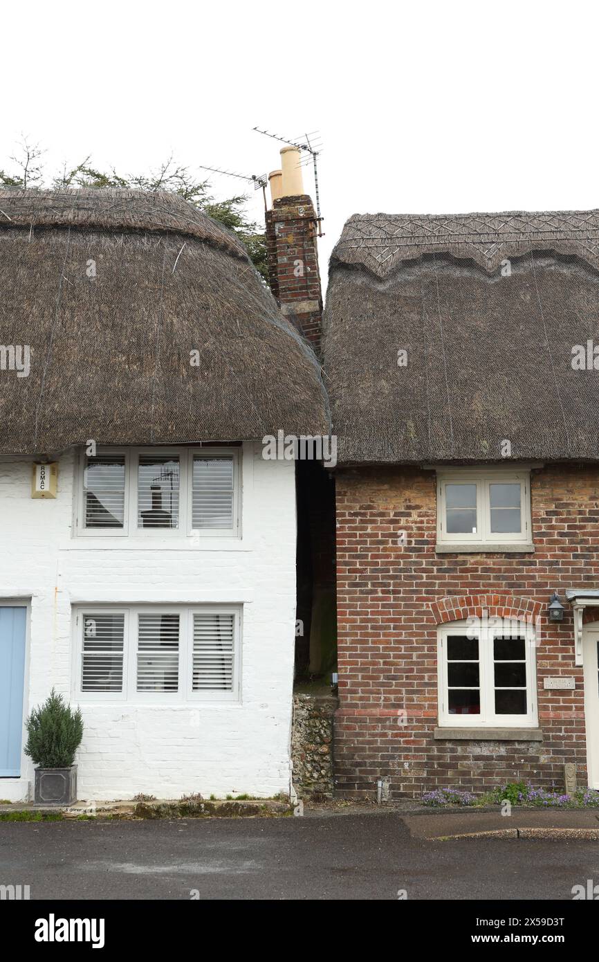 Two thatched houses side by side with chimney between them - concept ...