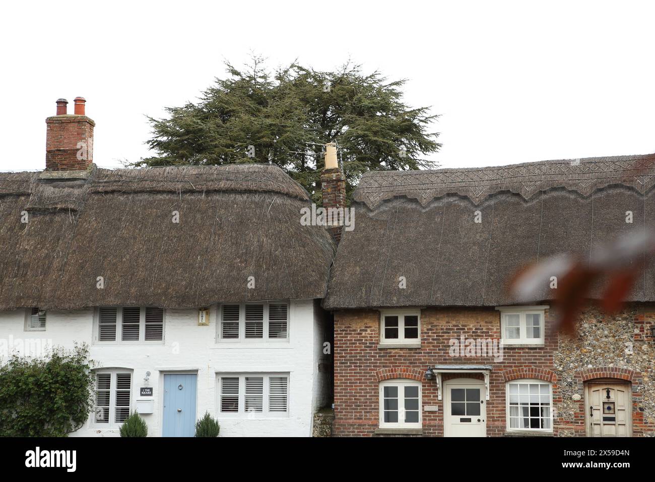 Two thatched houses side by side with chimney between them - concept ...