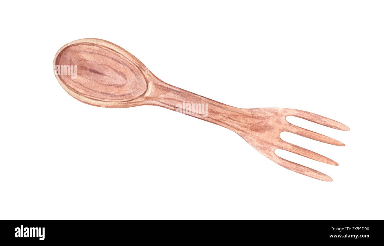 Wooden fork with spoon. 2 in 1. Reusable kitchen cutlery with long ...