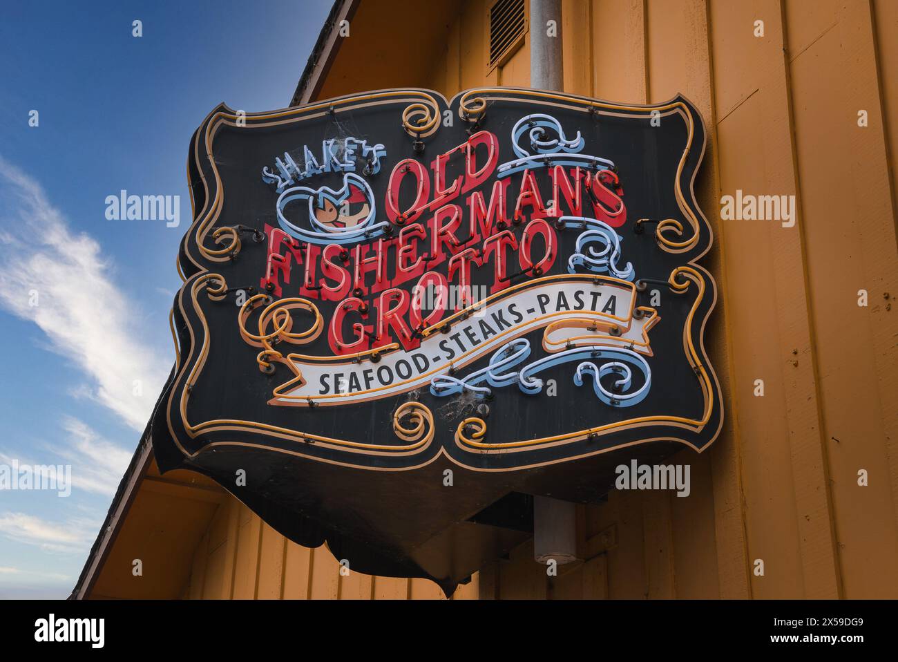 Ornate sign for Old Fisherman's Grotto restaurant with vintage look in ...