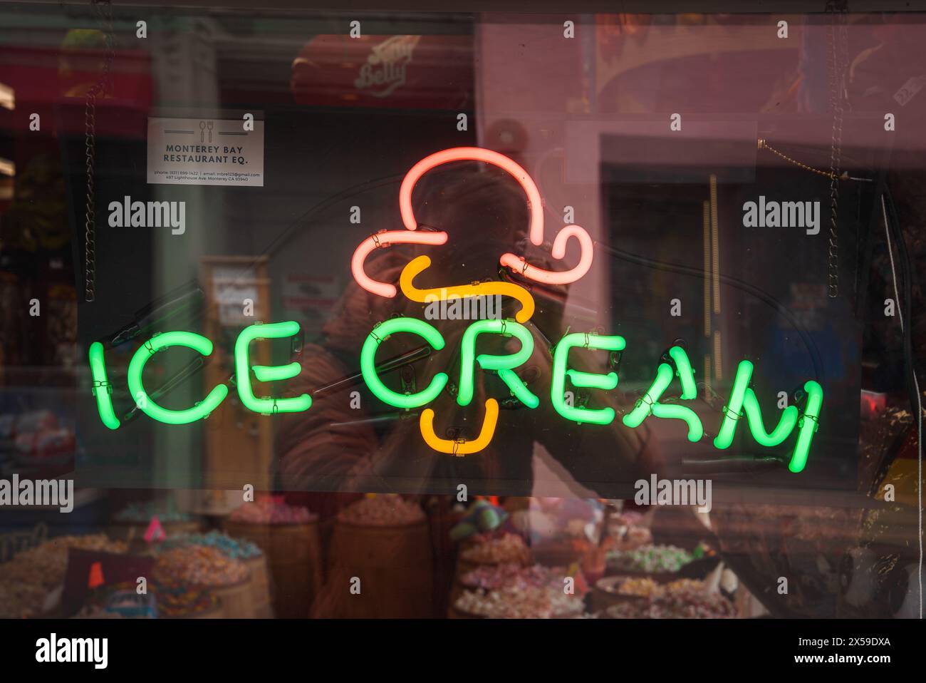 Neon Ice Cream Sign in Green and Orange, Window Display View Stock ...