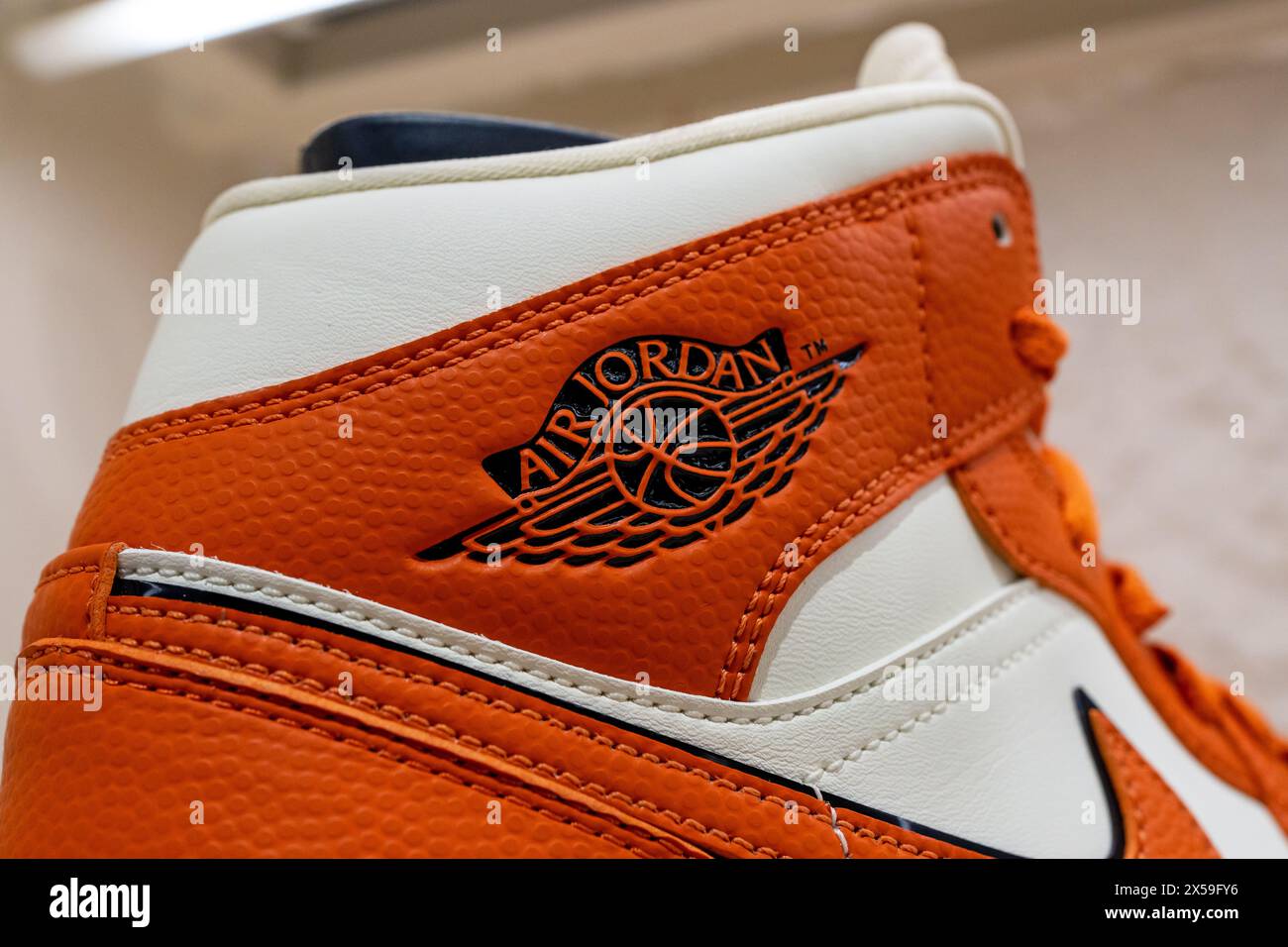 Air Jordan (Nike) logo on sneakers close-up. Nike Air Jordan sneakers ...