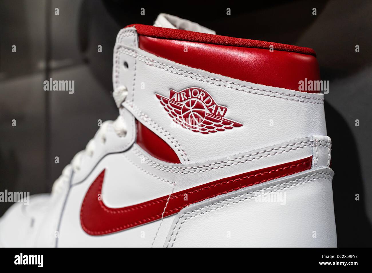 Air Jordan (Nike) logo on sneakers close-up. Nike Air Jordan sneakers ...