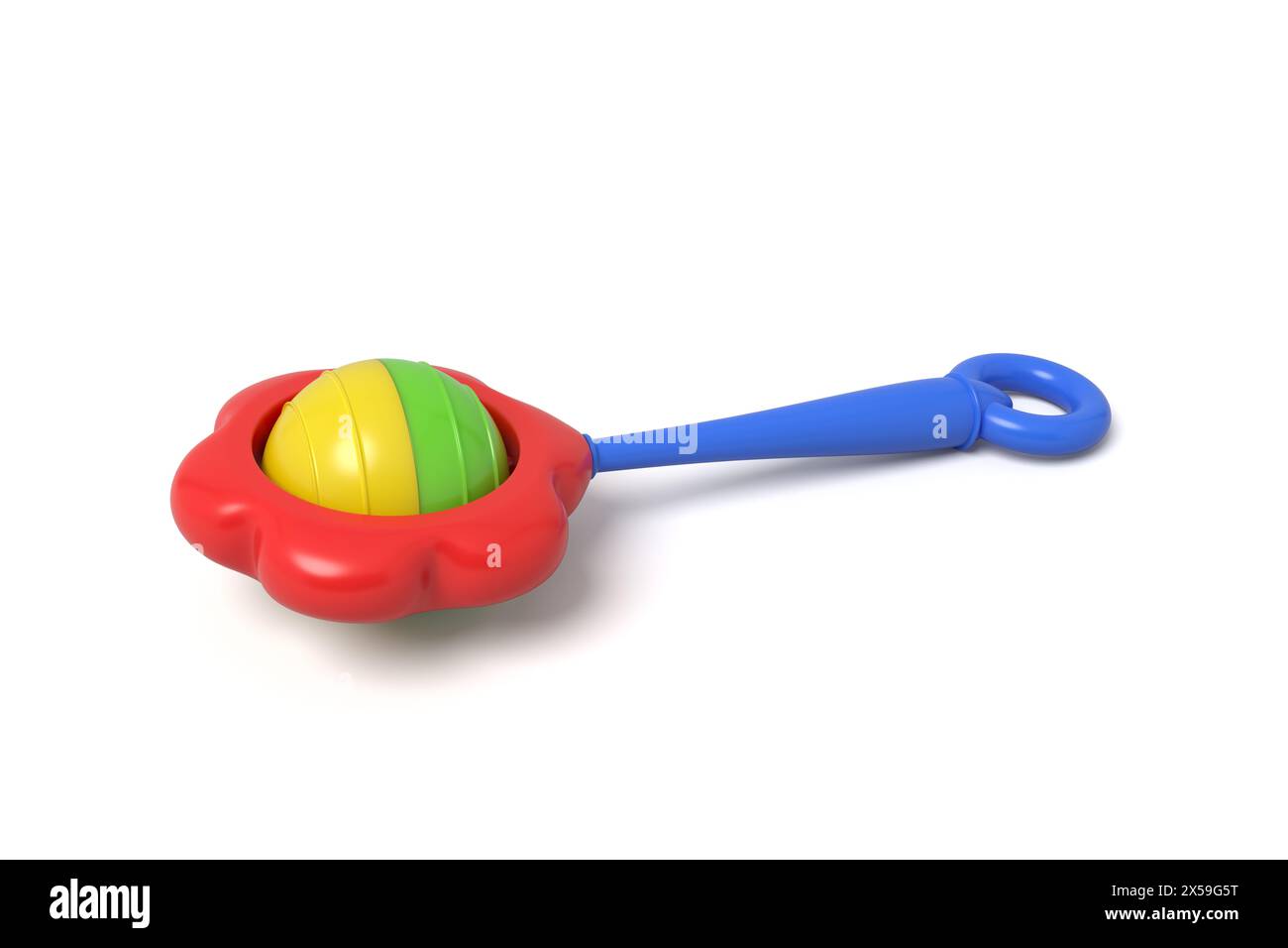 Blue and red baby rattle with yellow ball Stock Photo - Alamy